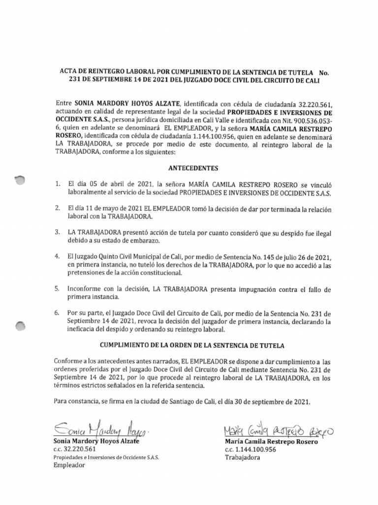 Acta de Reintegro Laboral | PDF