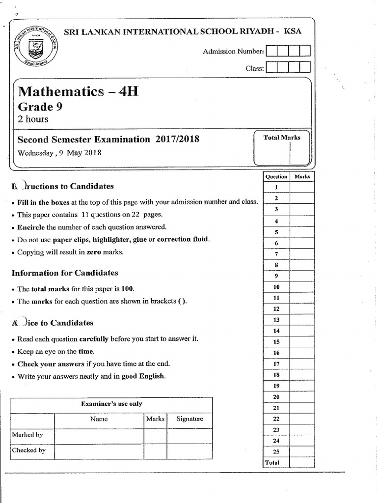 9 Sem2 Mathematics 4H 2017 - 18 | PDF