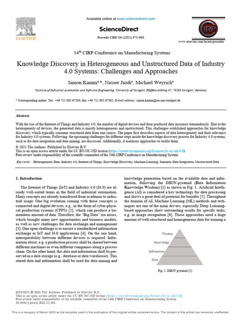 Knowledge Discovery in Heterogeneous and Unstructured Data of Industry 4 Systems | PDF | Data ...