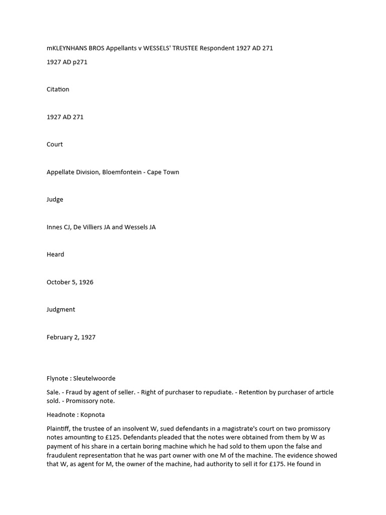 KLEYNHANS BROS Appellants V WESSELS | PDF | Lawsuit | Fraud