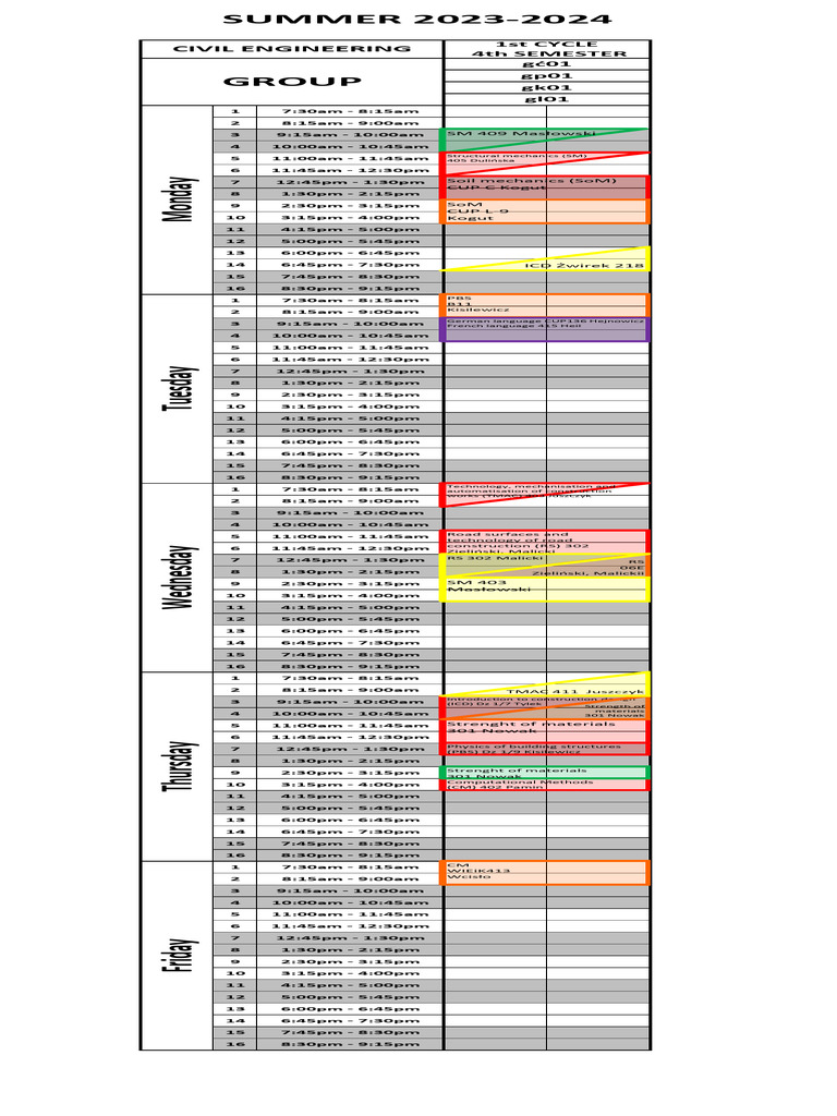 Summer 2023-2024 Civil Engineering Schedule | PDF | Physical Sciences