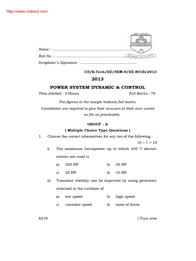 Btech Ee 8 Sem Power System Dynamic and Control 2013 | PDF | Electric ...