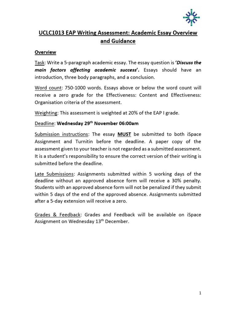 UCLC1013 EAP I Writing Assessment Academic Essay Overview and Guidance | PDF | Essays | Paragraph