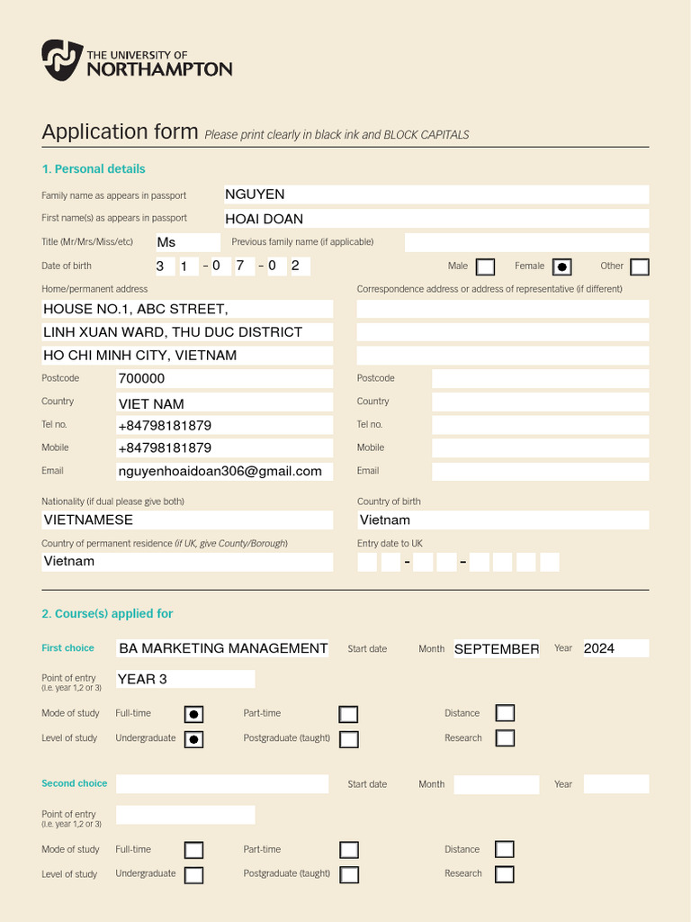 MẪU Đơn đăng ký nhập học UON tại VIỆT NAM hoan chinh 2 | PDF | Disability | Mental Disorder