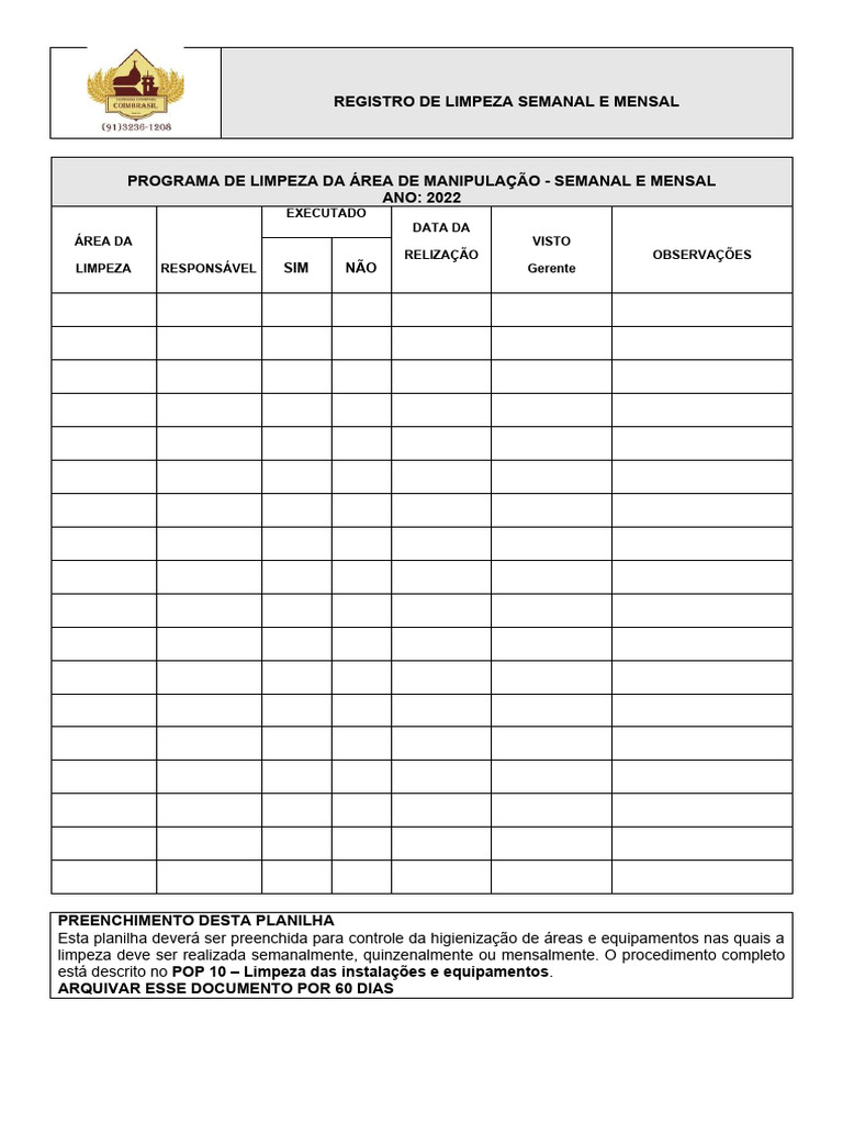 Registro de Limpeza Semanal e Mensal | PDF | Tecnologia e Engenharia