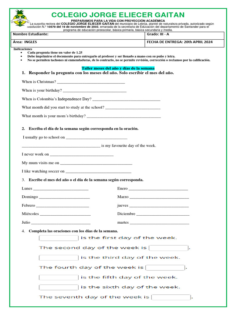 Taller Meses Del Año y Dias de La Semana | PDF