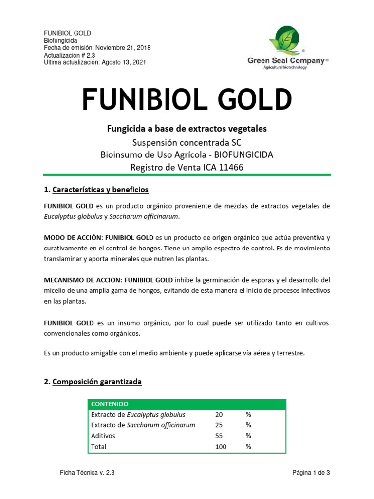 FichaTecnica - FUNIBIOLGOLD 2021 | PDF | Agua | Hongo