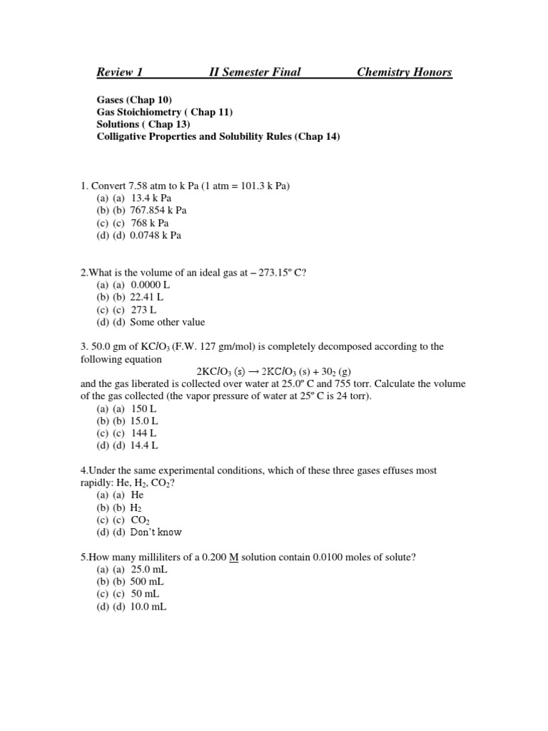 Review 1 II Semester Final Chemistry Honors | PDF