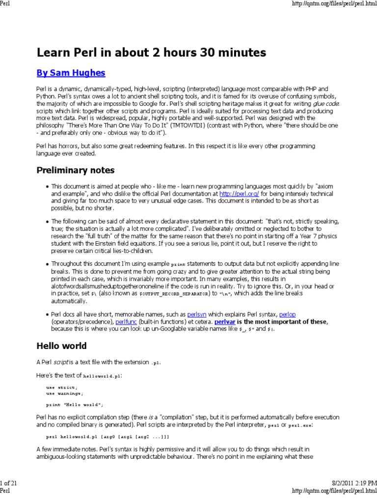 Learn Perl in About 2 Hours 30 Minutes: by Sam Hughes | PDF | Perl ... Learn Perl in About 2 Hours 30 Minutes: by Sam Hughes | PDF | Perl ...