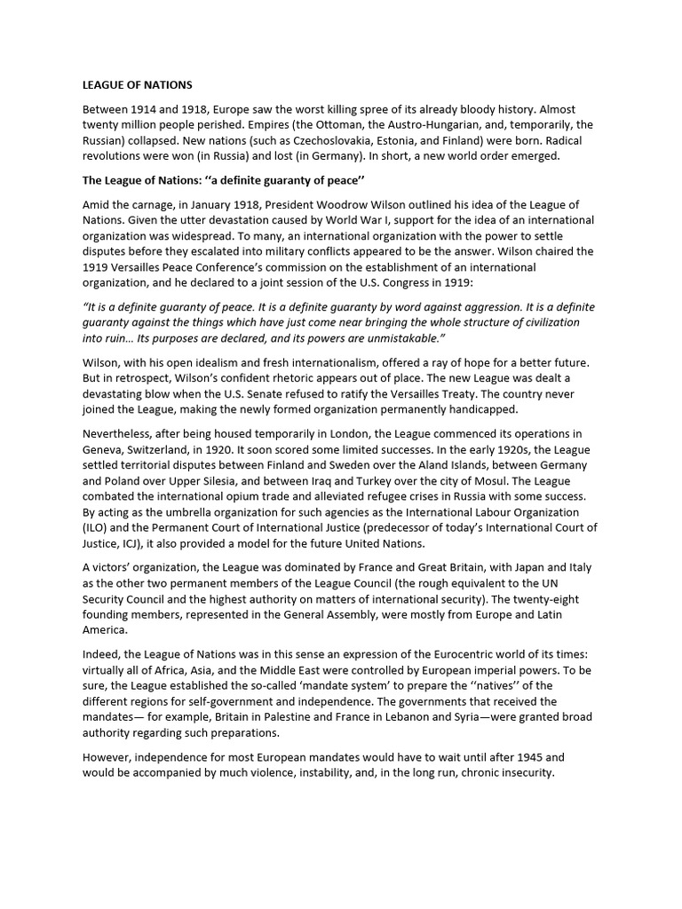 League of Nations - Short Notes | PDF | League Of Nations | Global Politics