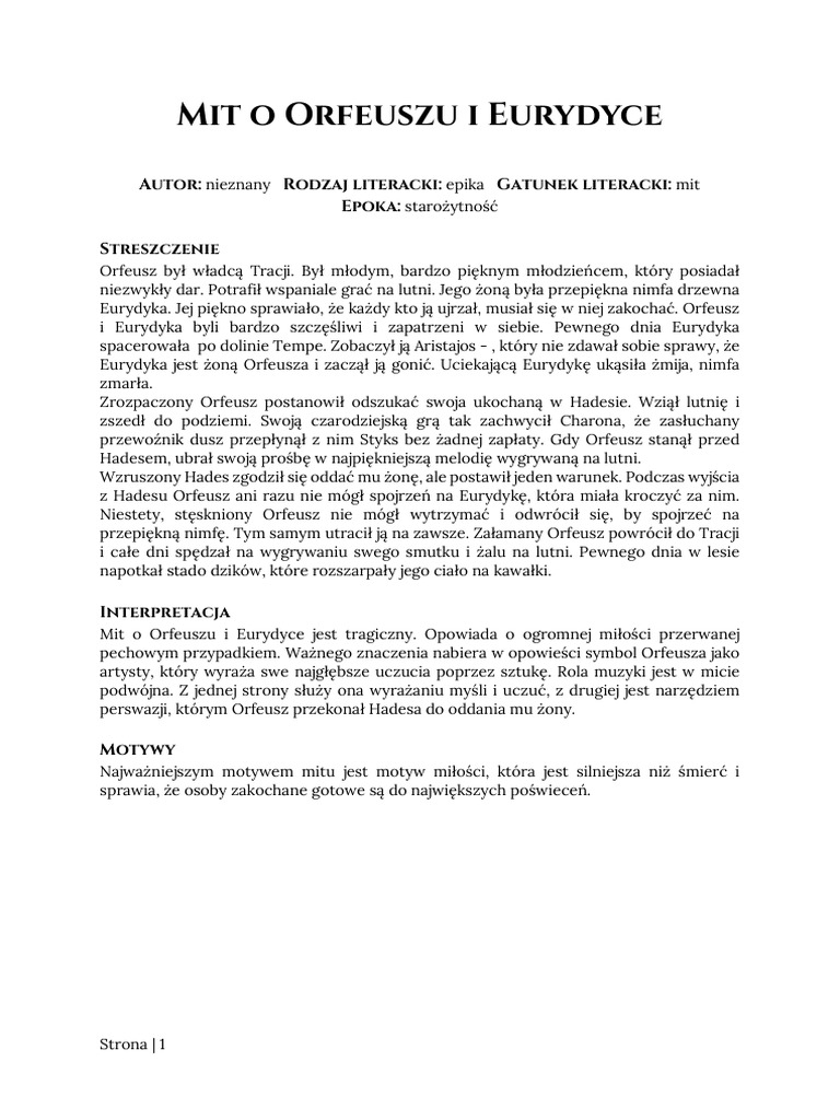 Mitologia - Orfeusz I Eurydyka | PDF