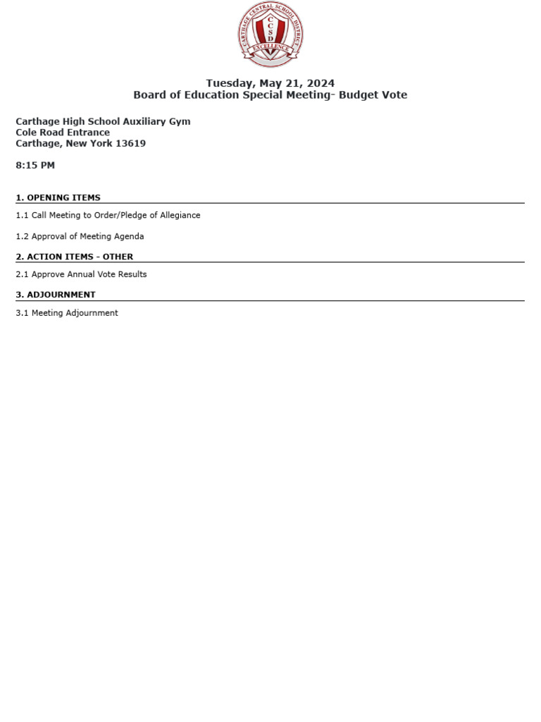05-21-2024 Carthage CSD BOE Meeting - School Budget Vote Results | PDF