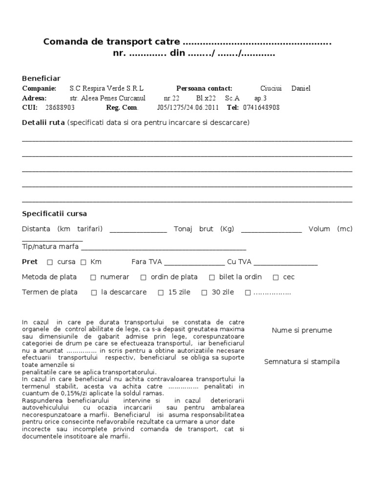 Model Comanda Transport | PDF