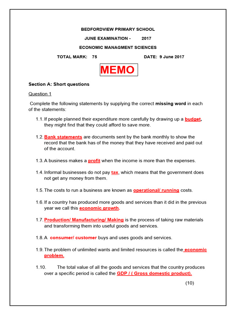 EMS Test 2017 Term 2 MEMO | PDF | Banks | Money