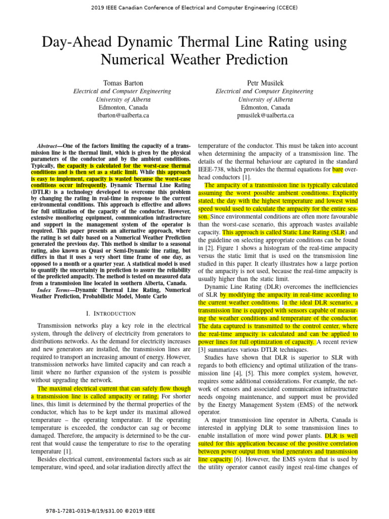 CCECE, 2019, Day-Ahead Dynamic Thermal Line Rating Using Numerical Weather Prediction | PDF ...