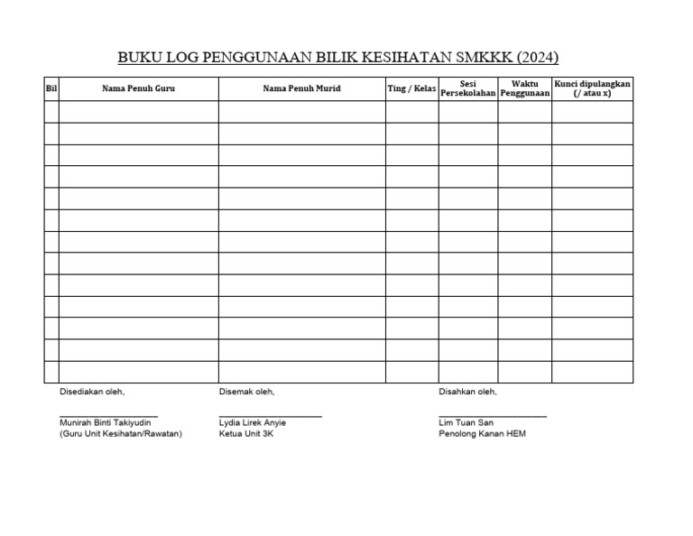 Buku Log Penggunaan Bilik Kesihatan SMKKK 2023 | PDF