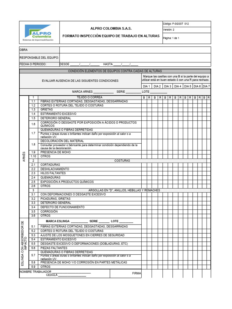 Formato Inspeccion Equipos Alturas | PDF | Fenómenos científicos | Ciencias fisicas