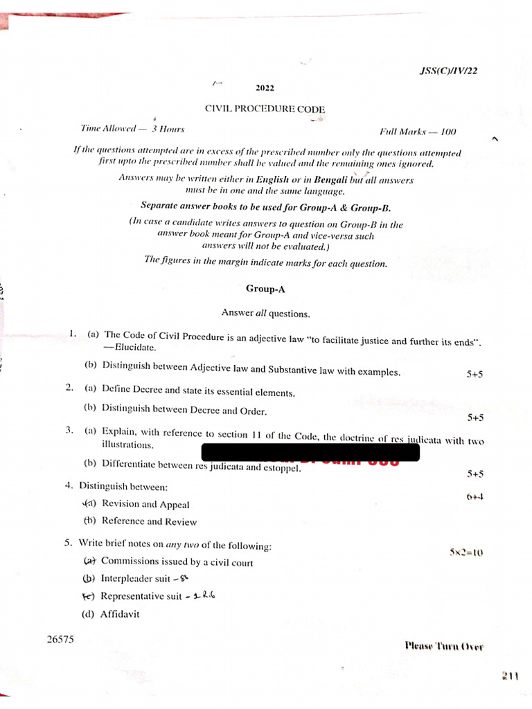 (WBJS) West Bengal Civil Judge Exam 2023 Mains Exam Paper - CPC 1908 | PDF