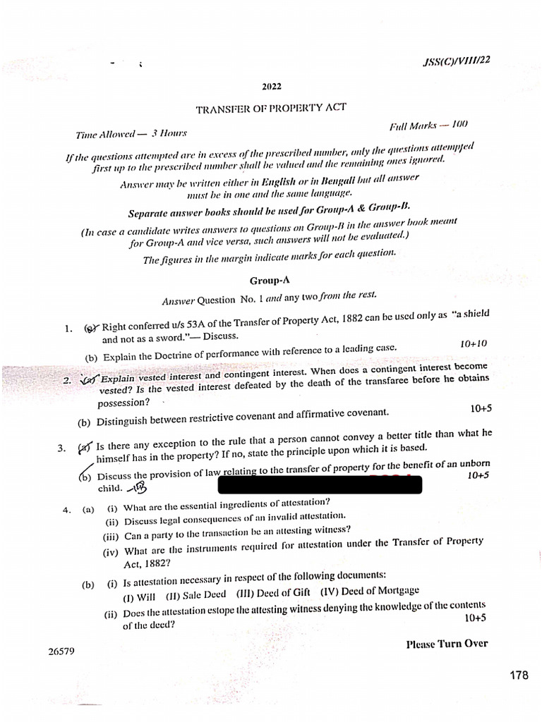 (WBJS) West Bengal Civil Judge Exam 2023 Mains Exam Paper - TP ACT 1882 ...