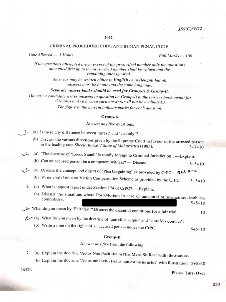 (WBJS) West Bengal Civil Judge Exam 2023 Mains Exam Paper - CRPC 1973 & IPC 1860 | PDF