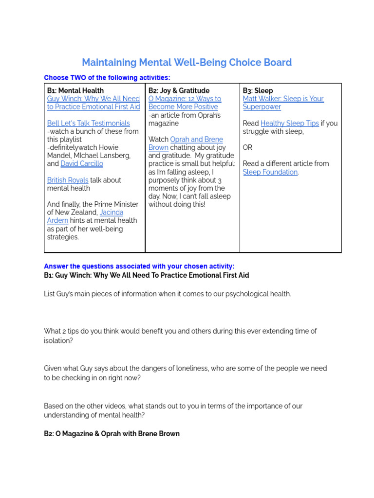 Maintaining Mental Well-Being - Choice Board | PDF