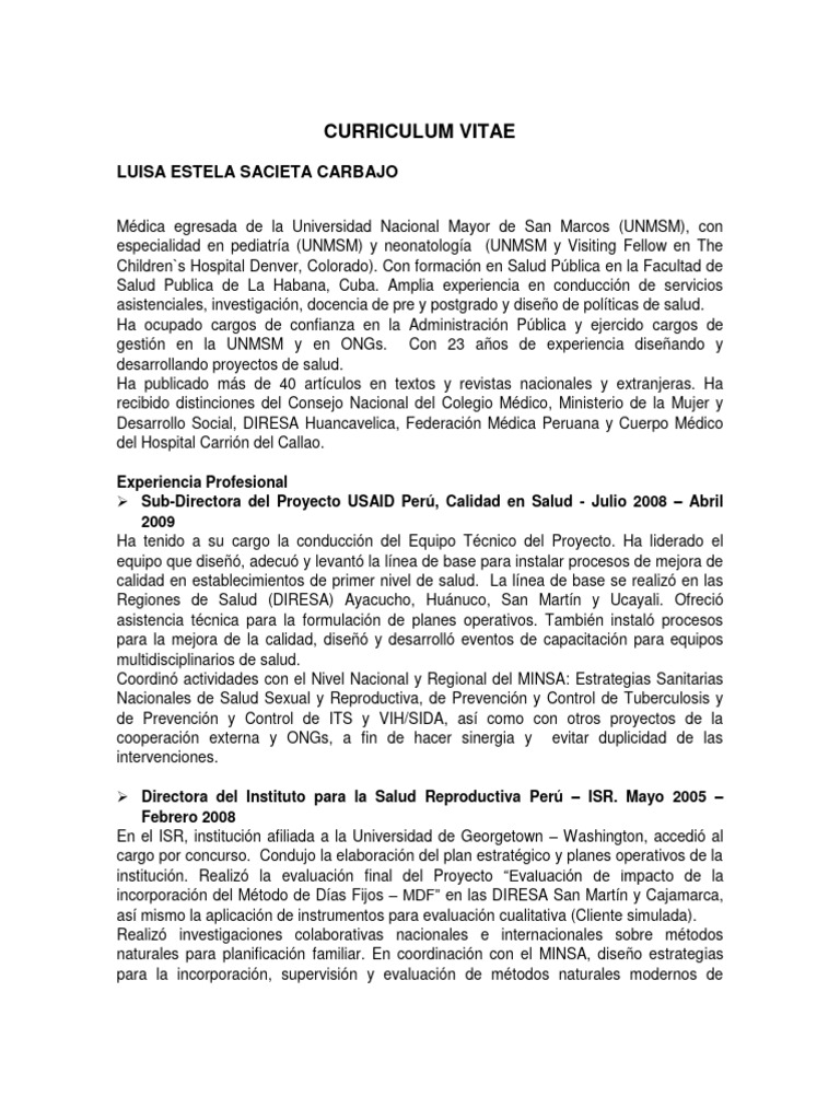 CV Luisa Estela Sacieta Carbajo | Descargar gratis PDF | Perú | Hospital