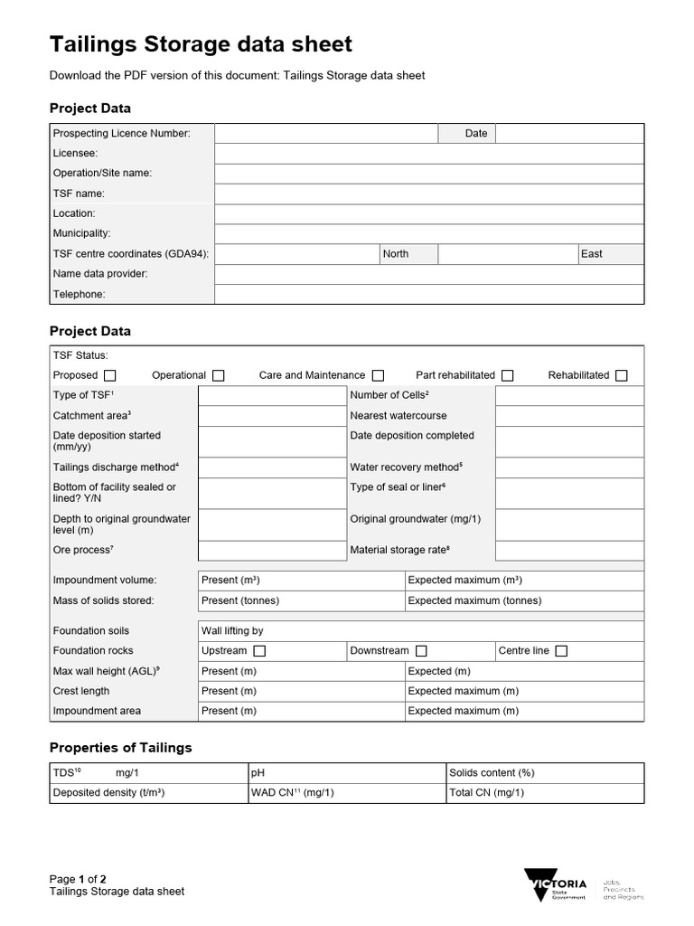 Tailings Storage Data Sheet | PDF