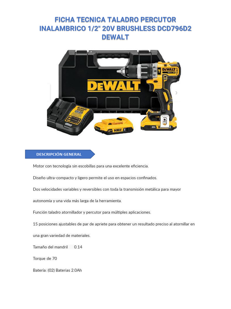 FT FICHA TECNICA TALADRO PERCUTOR INALAMBRICO 20V BRUSHLESS DCD796D2 ...