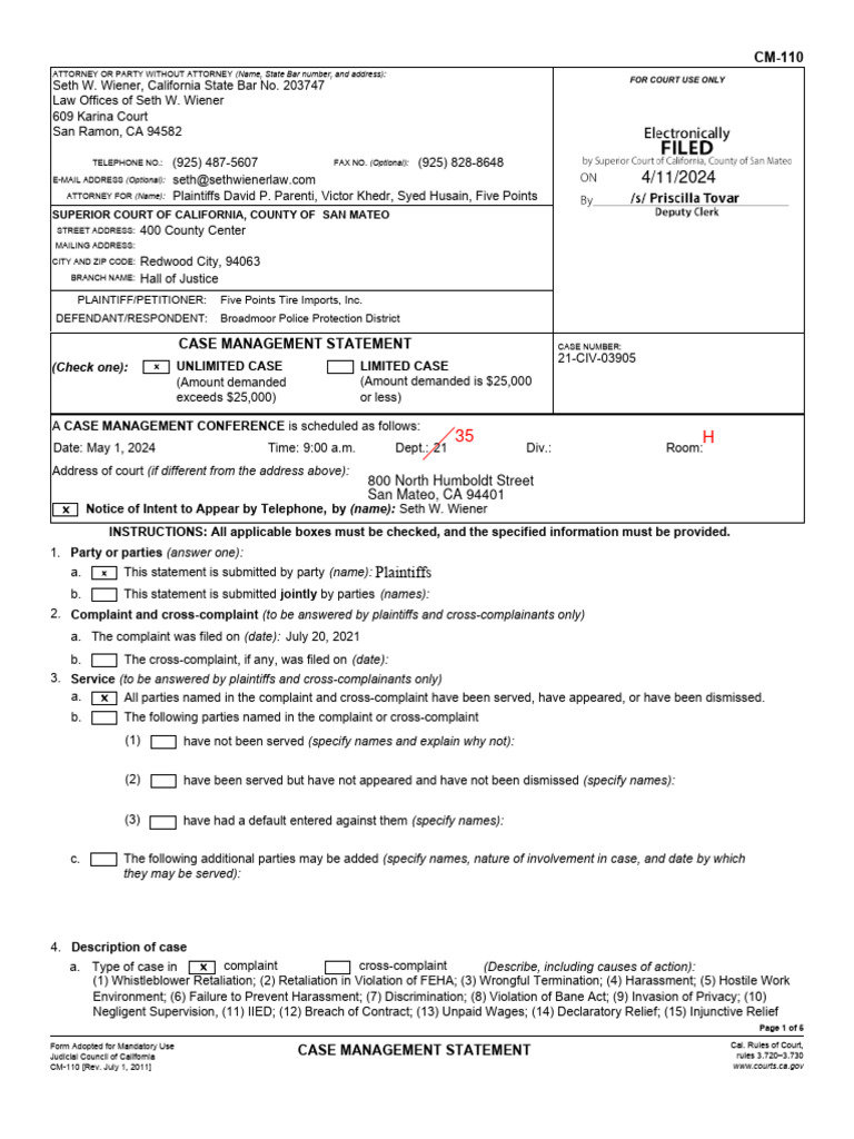 21-CIV-03905 - Case Management Statement | PDF | Lawsuit | Discovery (Law)