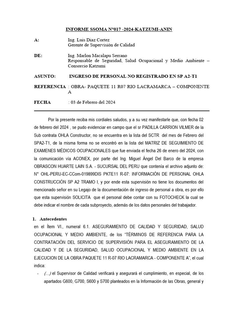 INFORME SSOMA N°017-2024-KATZUMI- DOCUMENTOS INGRESO OBRA | PDF