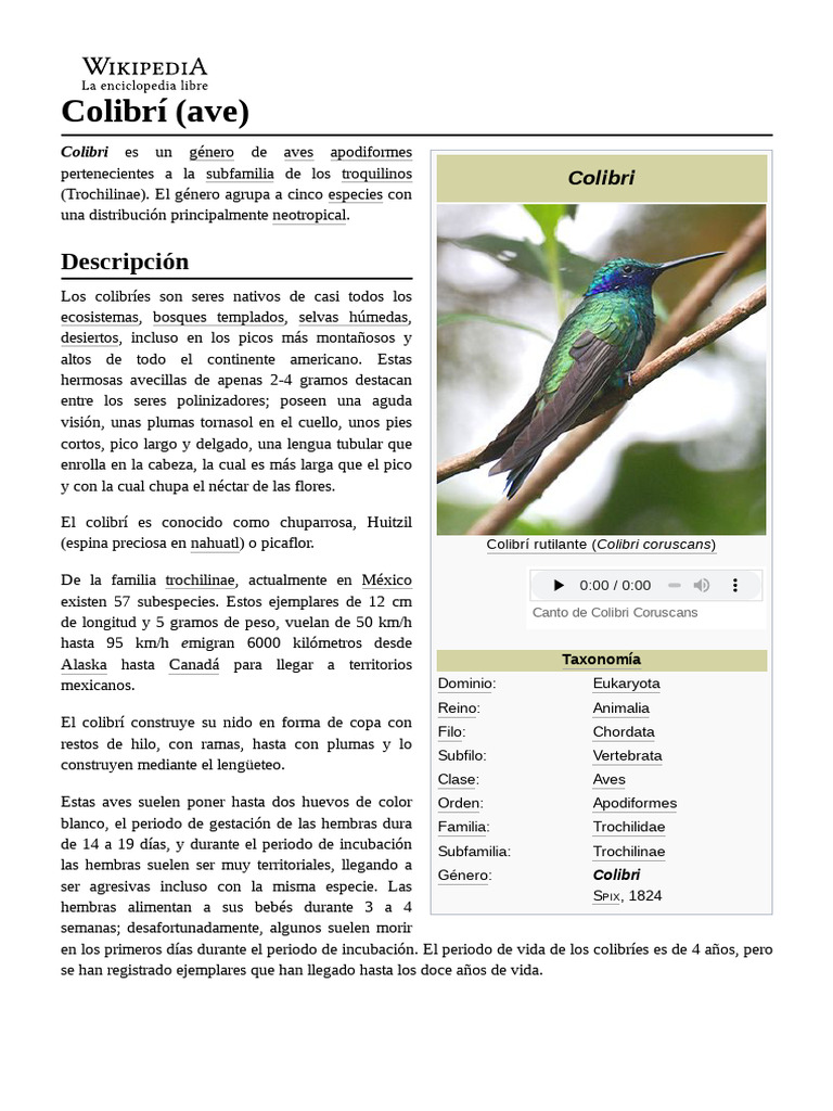 Colibrí_(ave) | PDF | Ornitología | Zoología