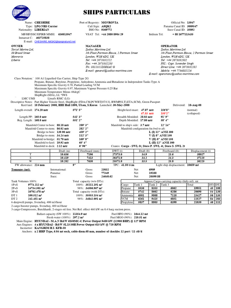 Ship's Particulars CHESHIRE | PDF | Shipping | Gases