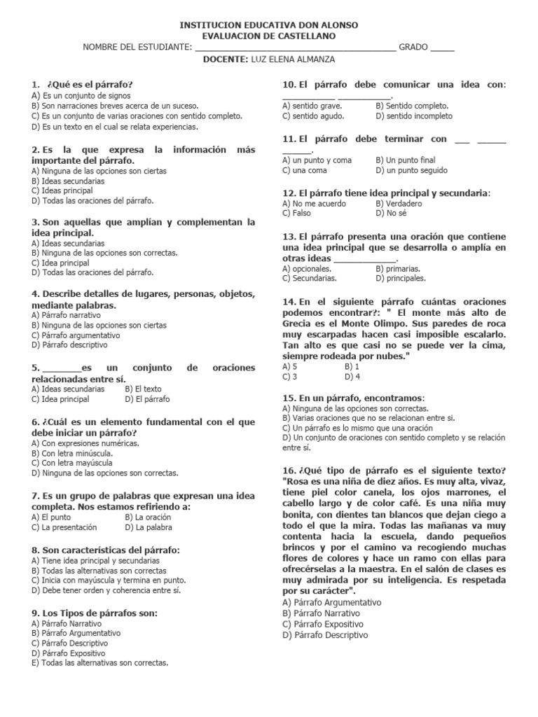 Evaluación de Castellano Escolar | PDF | Párrafo