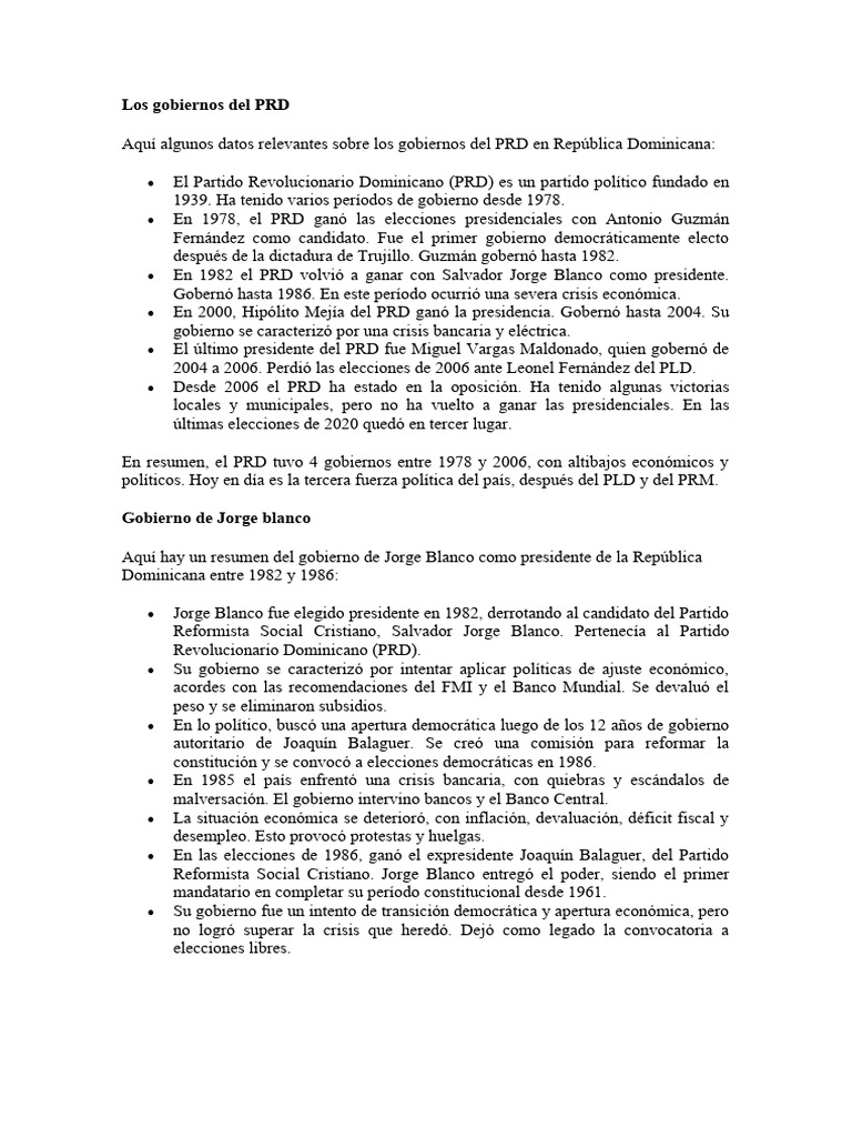 Resumen de los gobiernos del PRD | PDF | República Dominicana | Gobierno