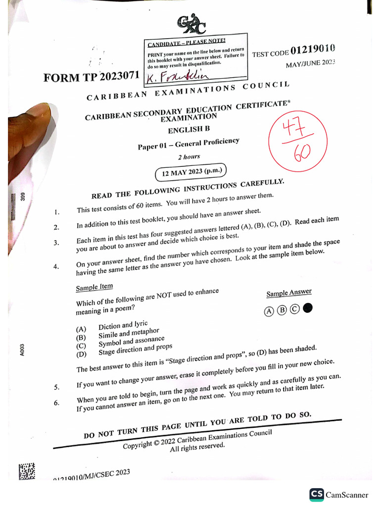 CORRECTED CSEC English B MayJune P1 2023 | PDF