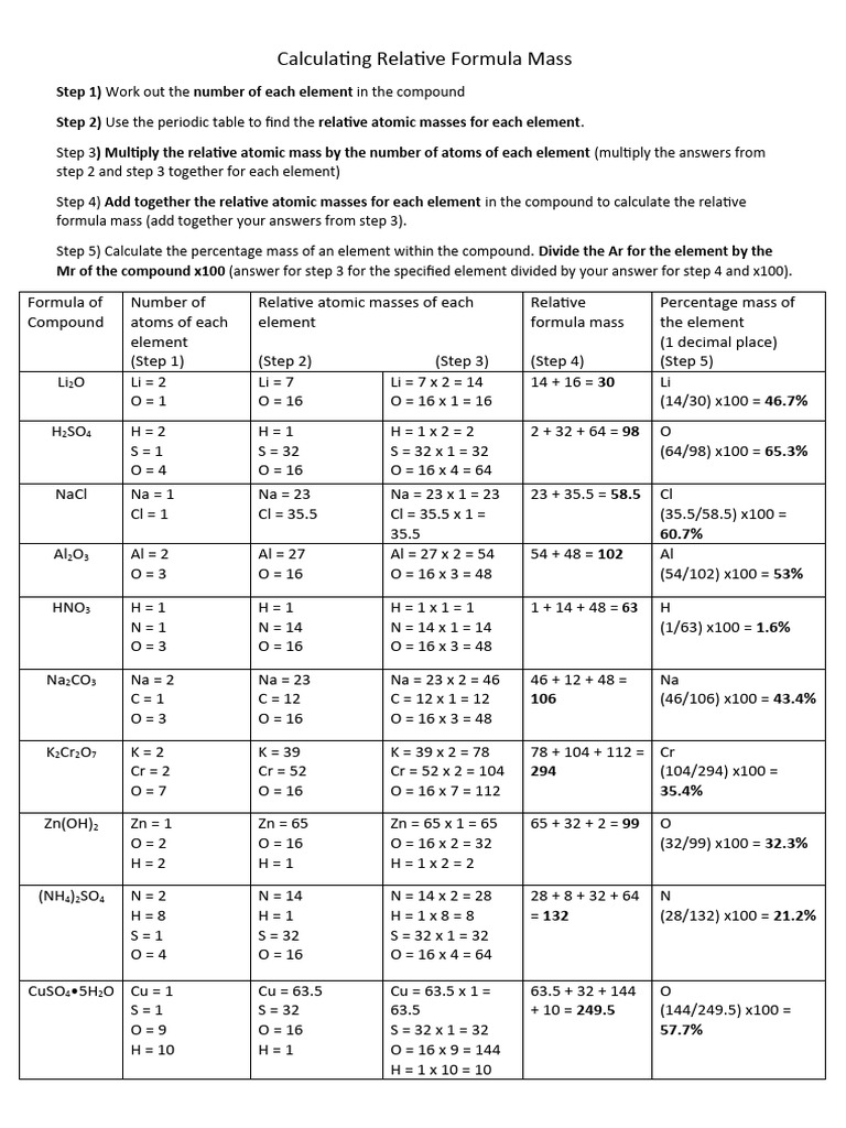 Relative Formula Mass Starter Sheet Answers THIS ONE | PDF | Chemical ...