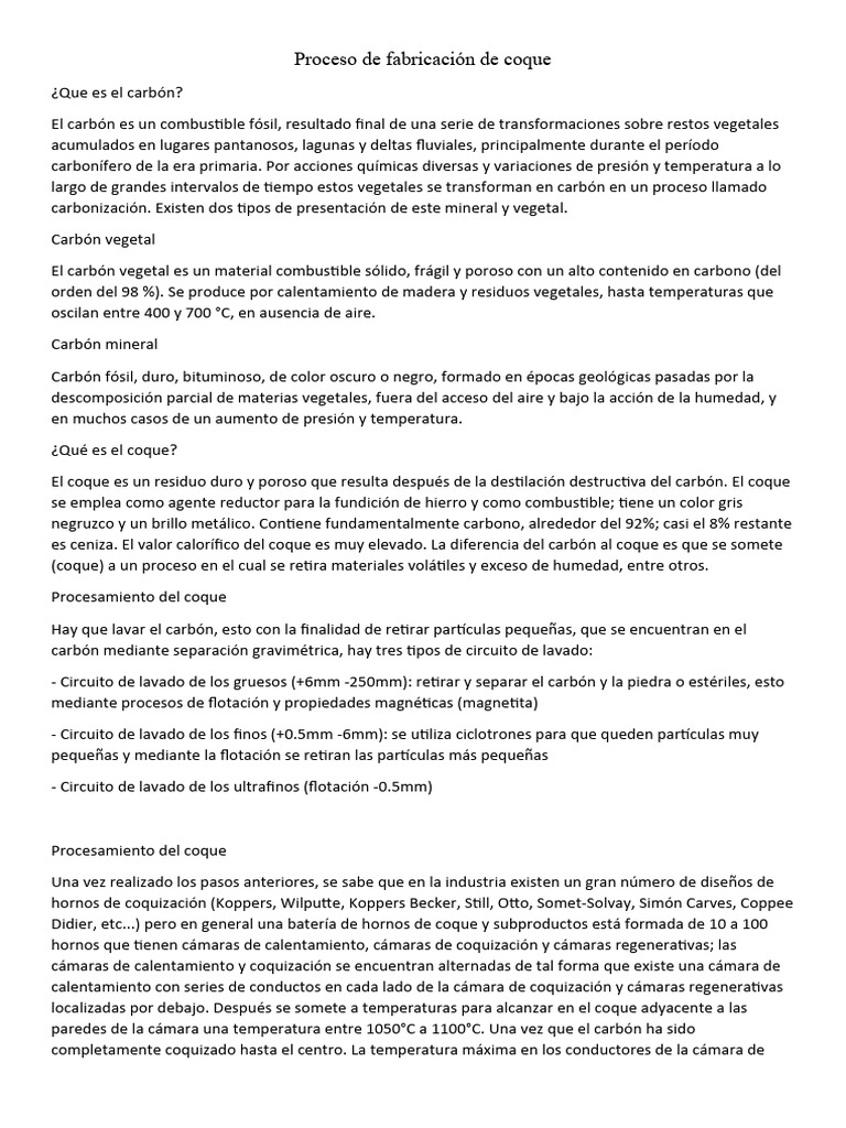 Proceso de fabricación de coque y su impacto | PDF | Hierro | Arrabio