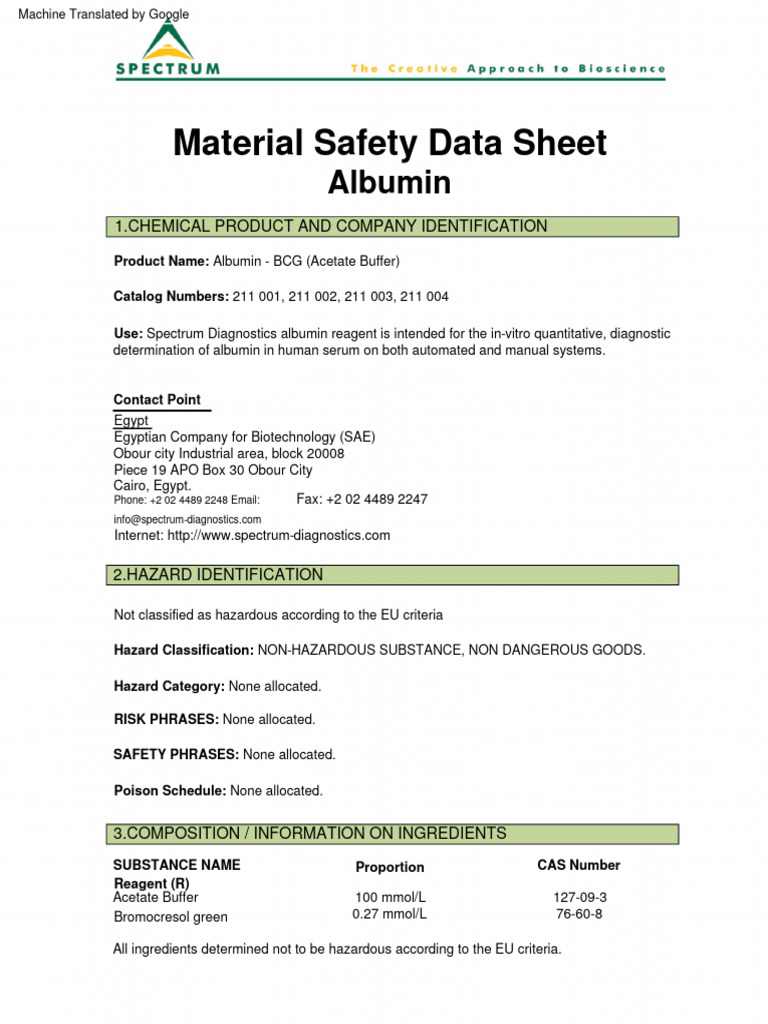 Albumin BCG Acetate Buffer MSDS | PDF | Dangerous Goods | Safety