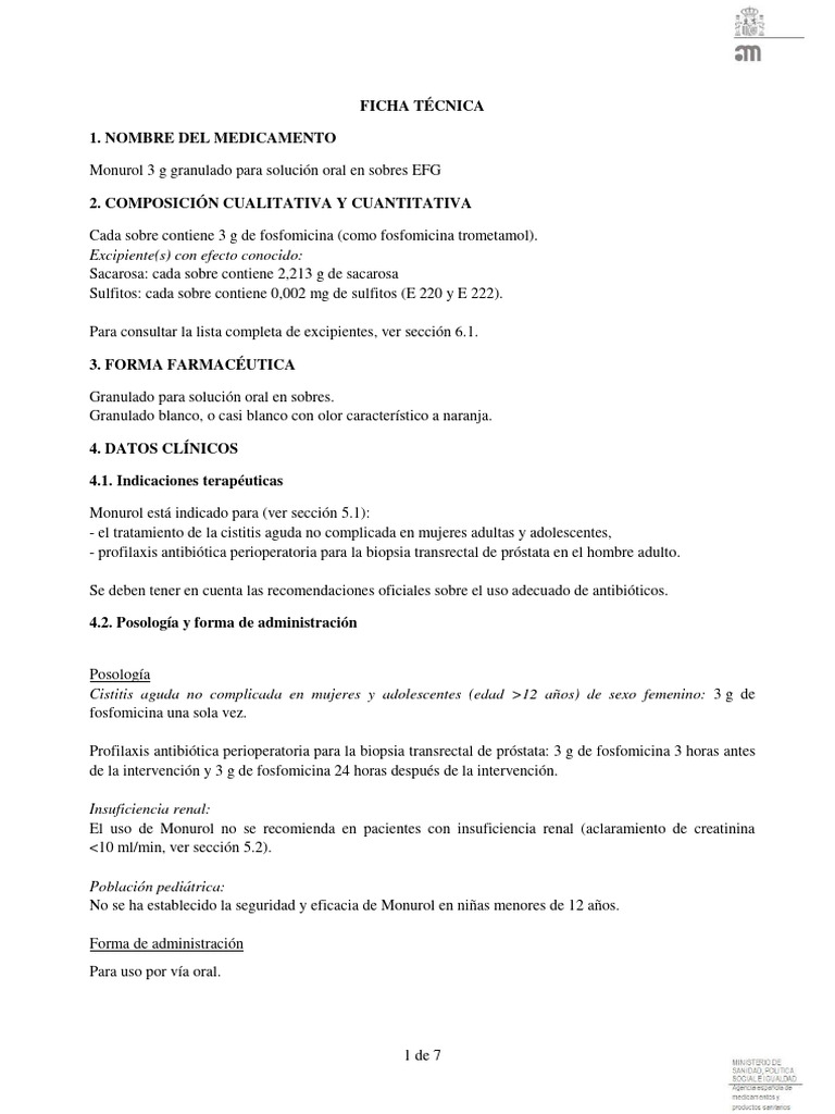 Monurol: Fosfomicina para Cistitis y Profilaxis | PDF | Medicamentos ...