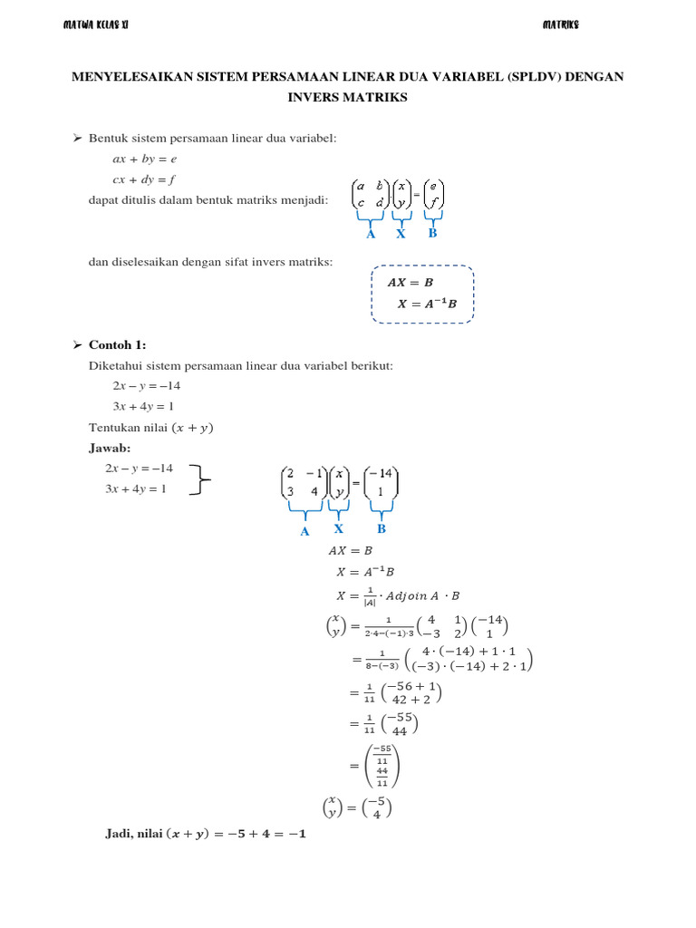 SPLDV Dengan INVERS MATRIKS | PDF | Metode & Bahan Ajar