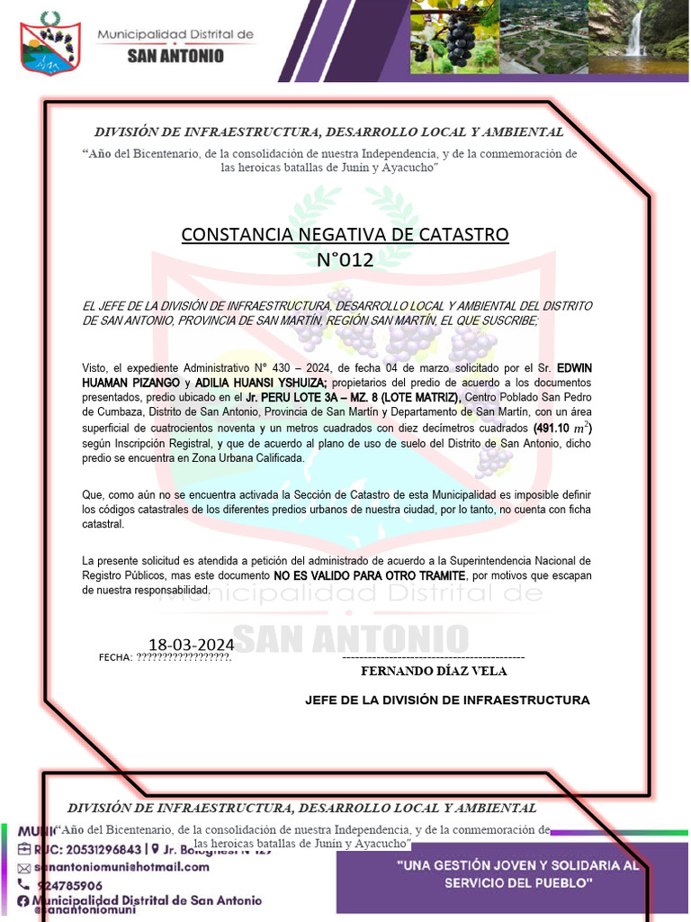 CONSTANCIA NEGATIVO 012 Al 015 Edwin Huaman | PDF | Geomática | Ley de Tierras