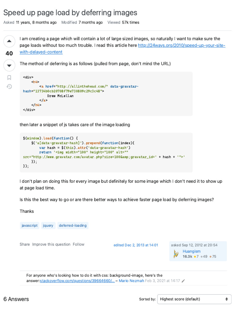Javascript - Speed Up Page Load by Deferring Images - Stack Overflow | PDF | Html | Java Script