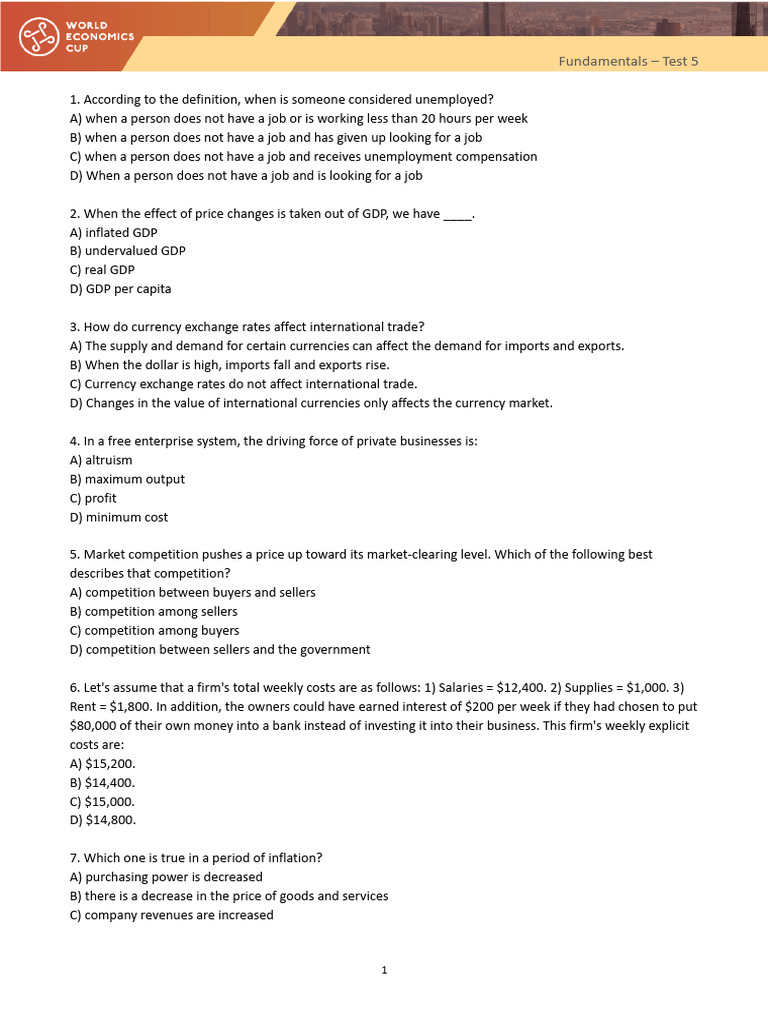 Economic Concepts and Unemployment Quiz | PDF | Profit (Economics ...