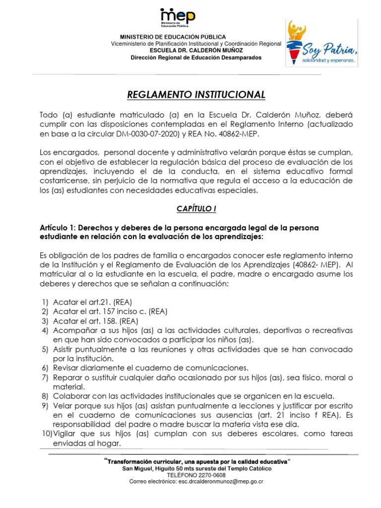 EDCM Reglamento Interno Institucional | PDF | Escuelas | Maestros