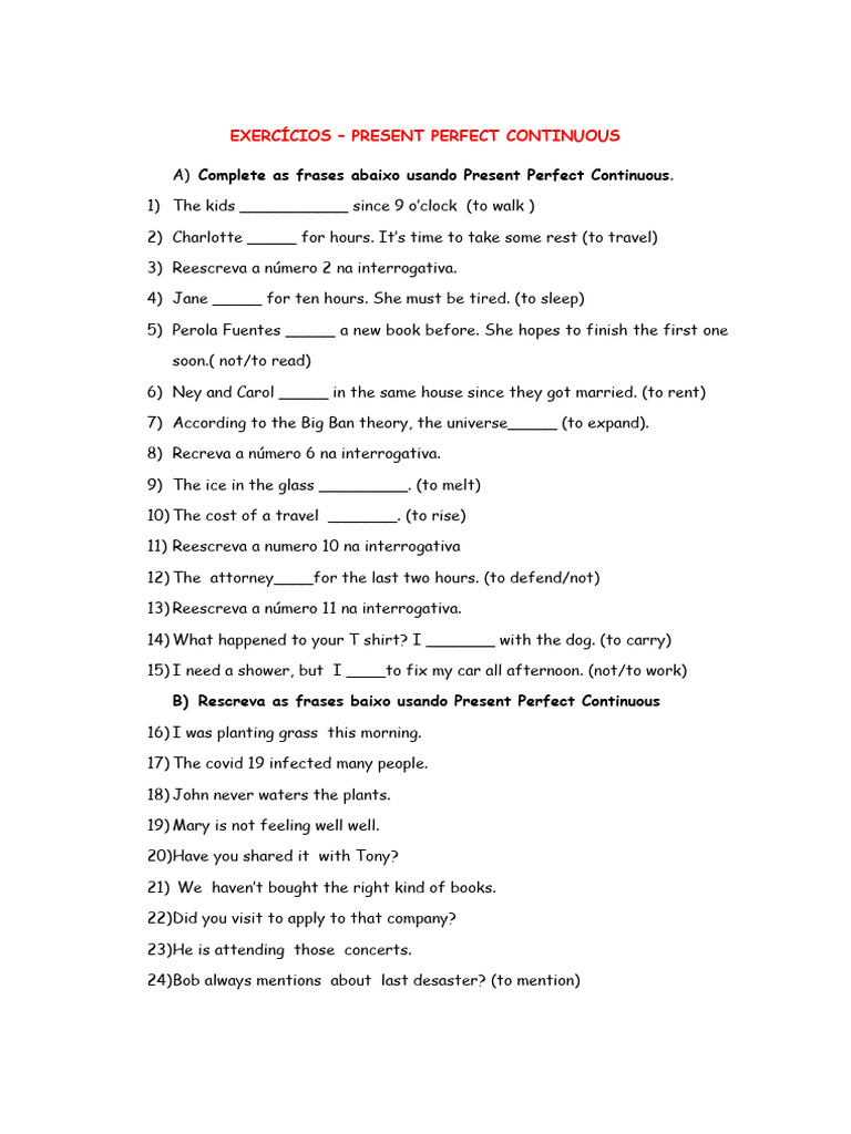 Present Perfect Continuous-exercises | PDF