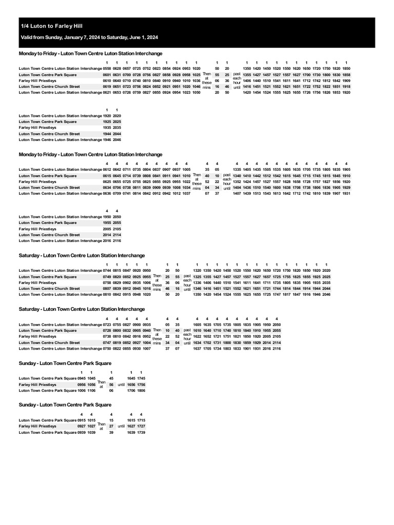 Luton Bus Timetables: Routes 1 & 4 | PDF