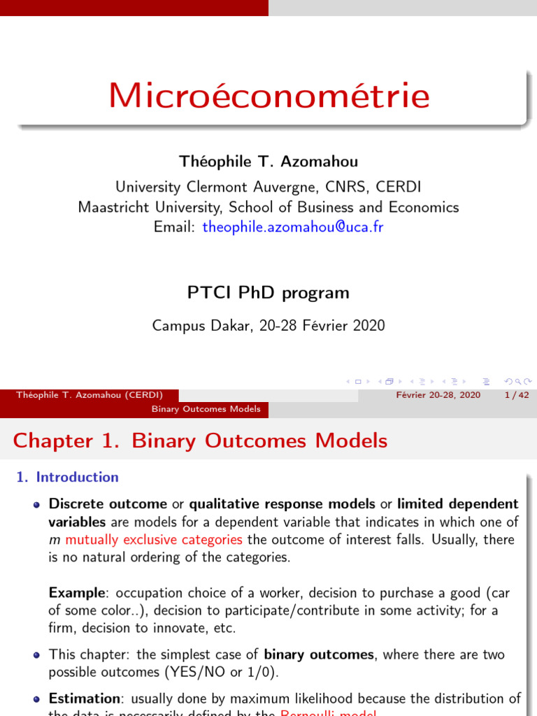 Microeconometrie Chapitre1 BinaryOutcomeModels | PDF | Ordinary Least Squares | Logistic Regression