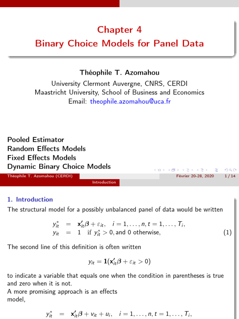 Microeconometrie Chapitre4 BinaryChoicePanelDataModels | PDF | Estimator | Fixed Effects Model