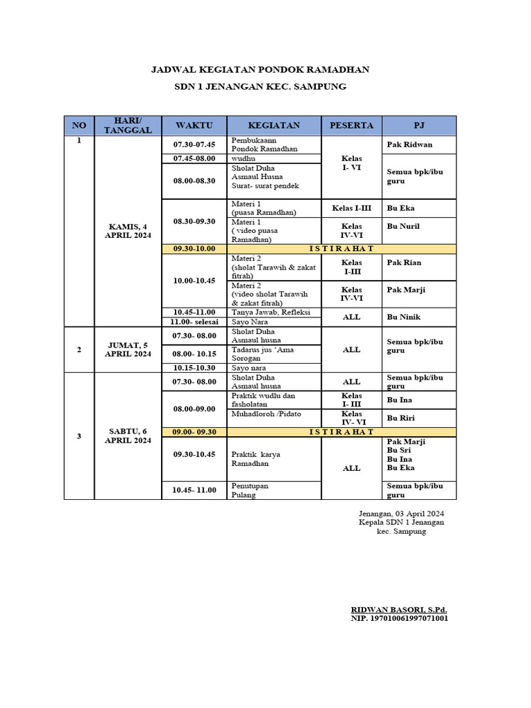 Jadwal Kegiatan Pondok Ramadhan | PDF