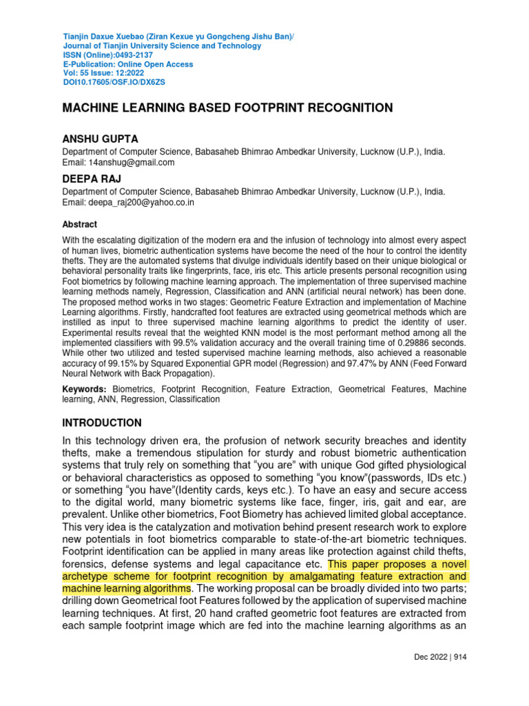 Machine Learning Based Footprint Recognition Download Free Pdf